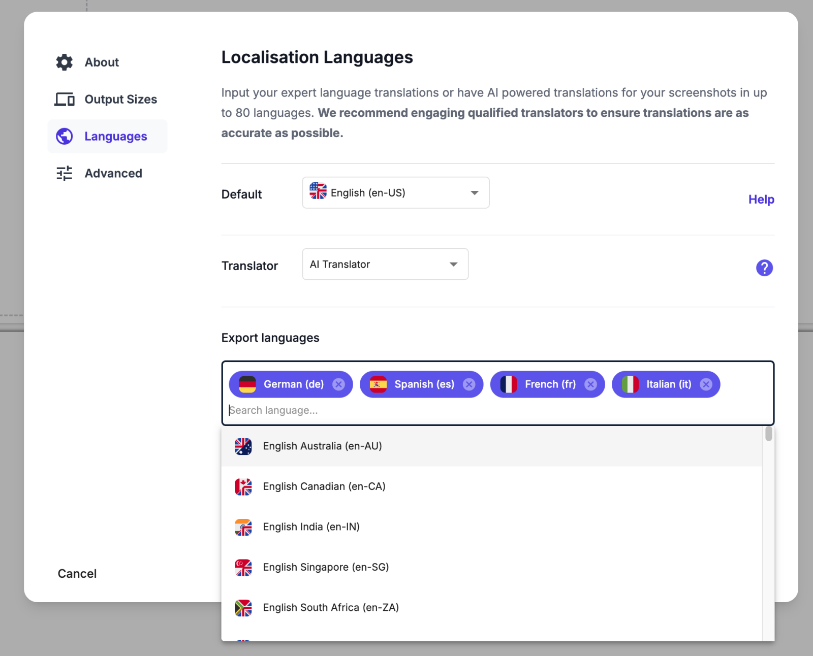 Setup your Languages | AppScreens Knowledge Base